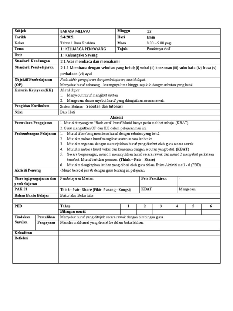 RPH TS25 BM Tahun 1 | PDF