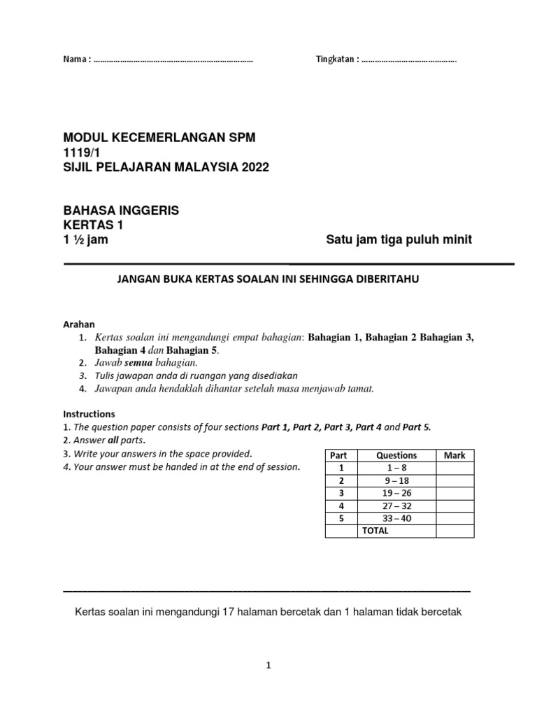 Batu Pahat - Trial Exam English Form 5 - Paper 1 2022 | PDF | Infection | Apartment