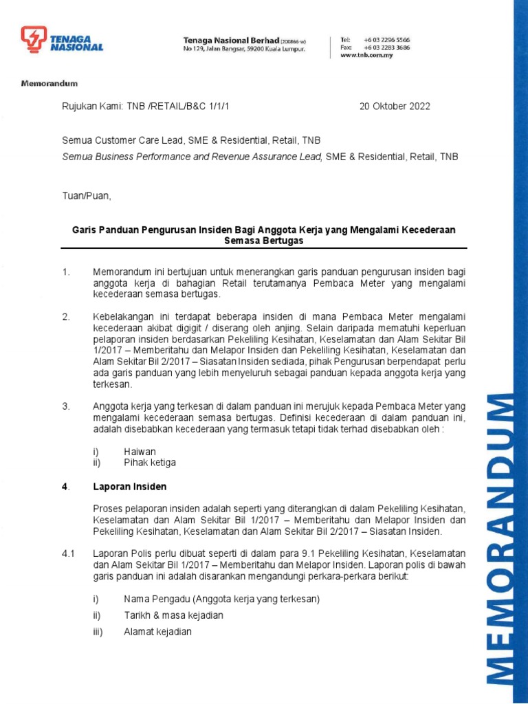 01 Memo Pengurusan Insiden Bagi Anggota Kerja Yang Mengalami Kecederaan Semasa Bertugas | PDF