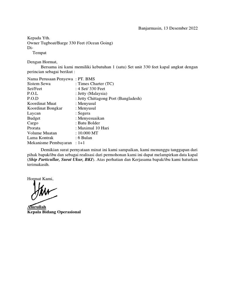LOI PT. BMS 330 Feet | PDF