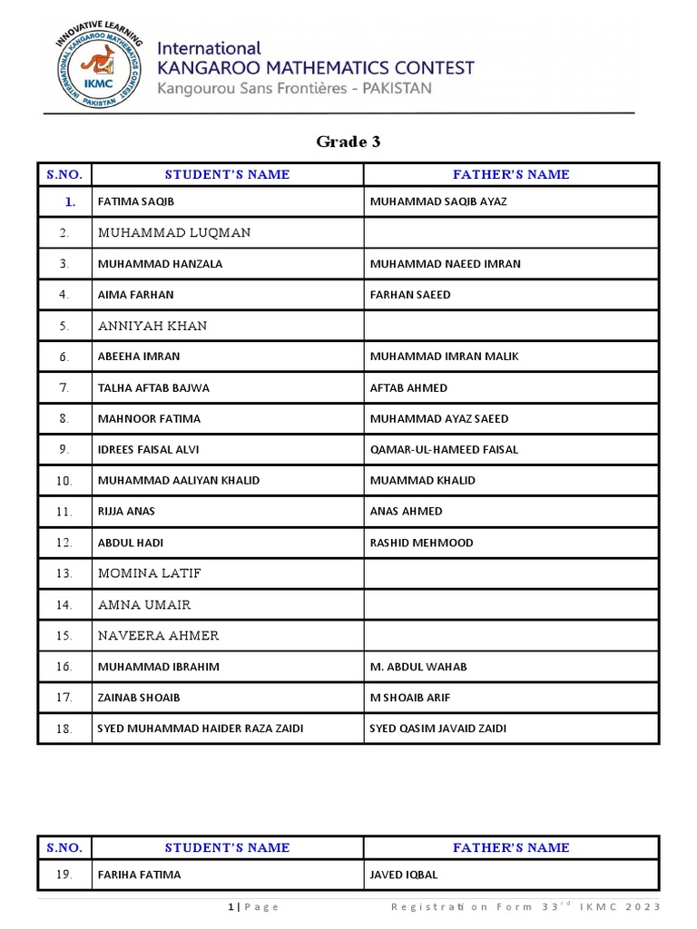 IKMC Registration Form Grade 3 | PDF