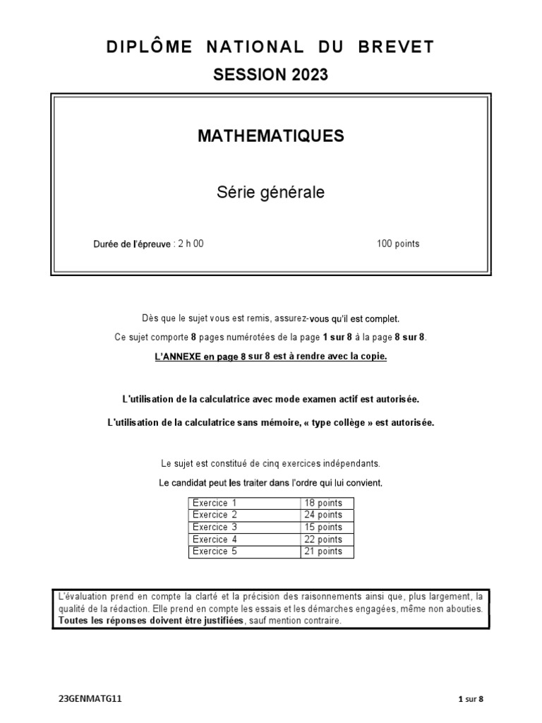 Sujet Brevet DNB Maths Centres Etrangers 2023 Groupe 1-1 | PDF