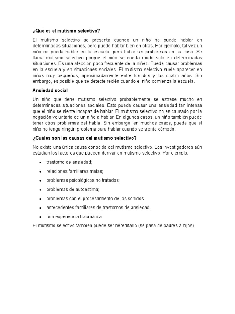 Qué es el mutismo selectivo | PDF | Ansiedad | Especialidades Medicas