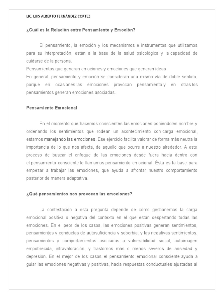 Relación Entre Pensamiento y Emocion | PDF