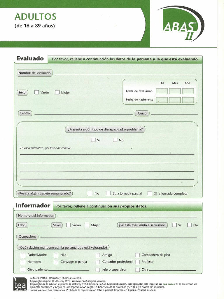 ABAS-II Ejemplar (Adultos) 16 A 89 Años | PDF