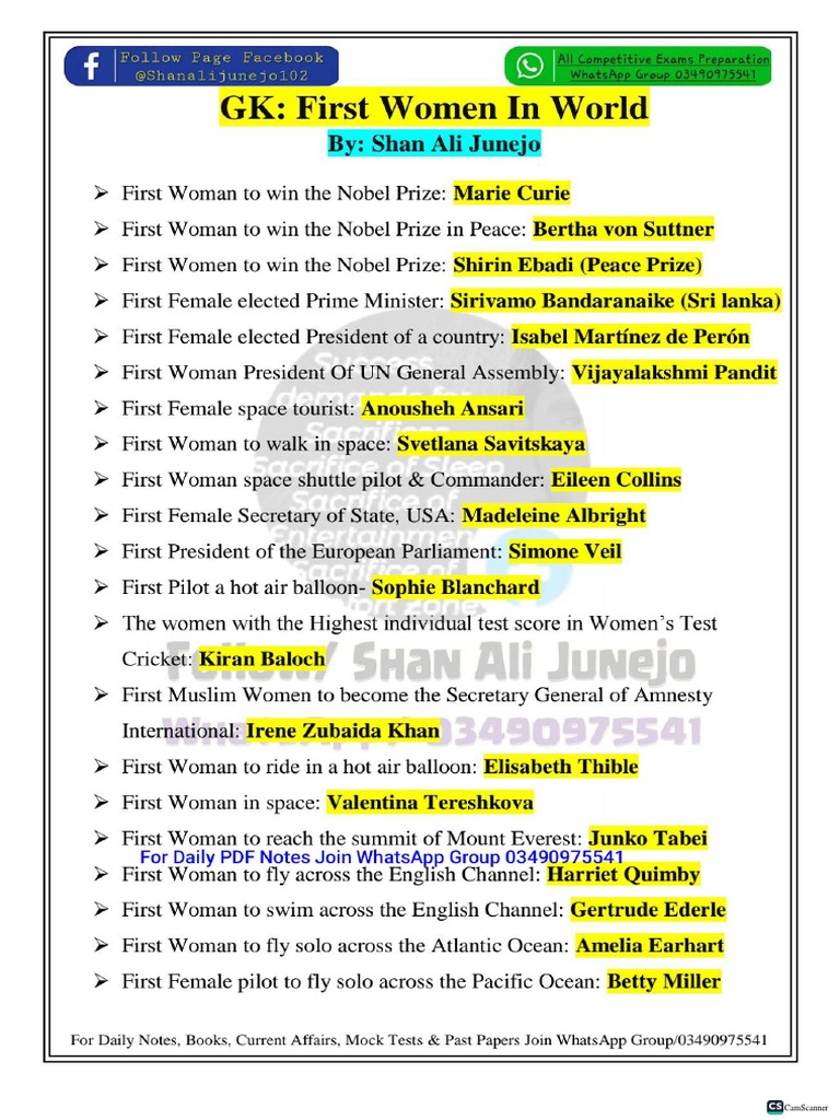 First Women in World GK by Shan Ali Junejo | PDF