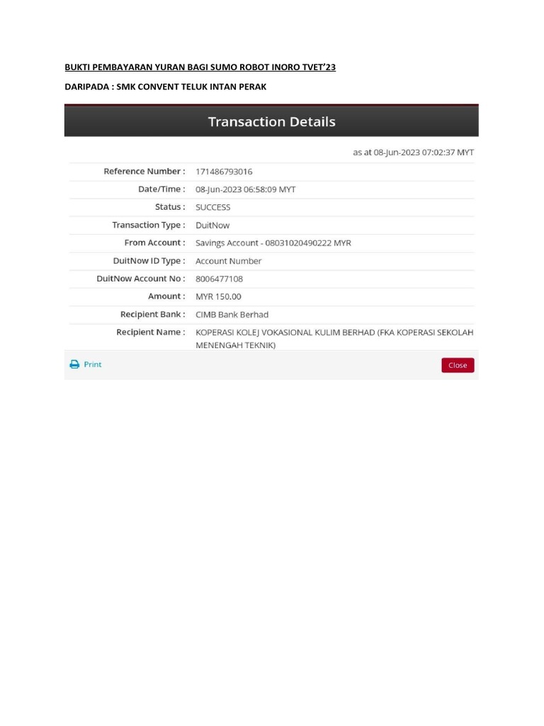 Bukti Pembayaran Yuran Bagi Sumo Robot Inoro Tvet | PDF
