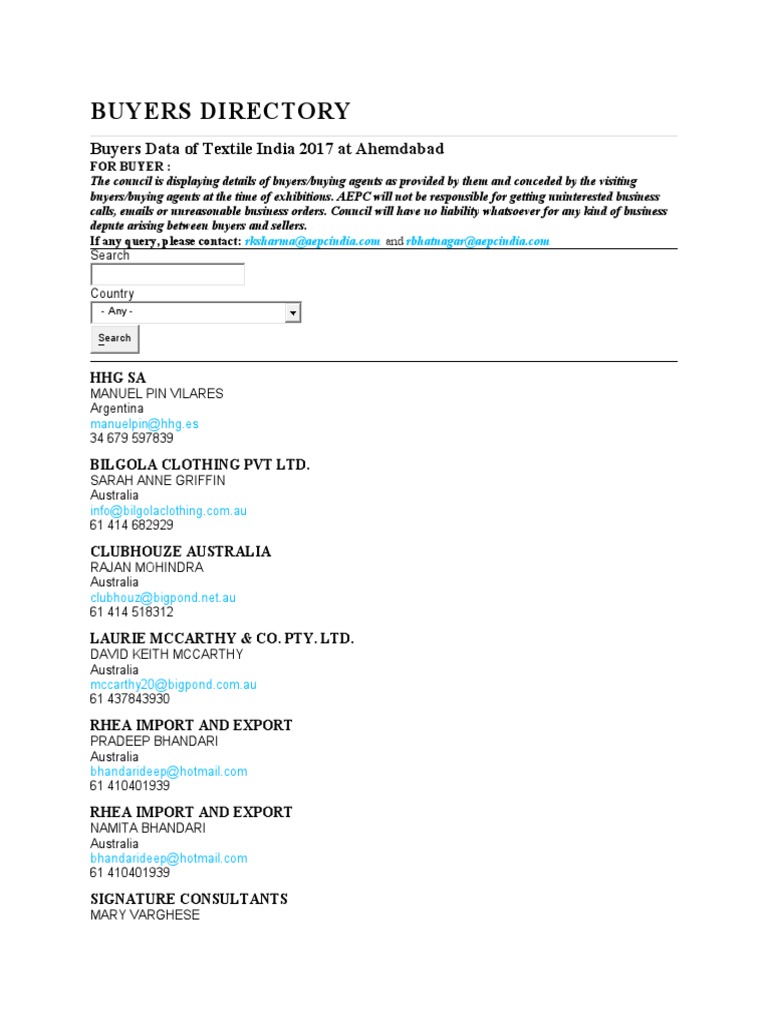 BUYERS DIRECTORY Various Country | PDF