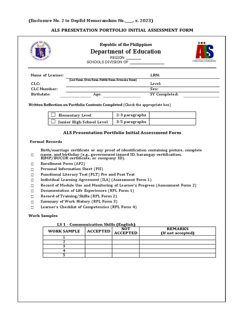 Enclosure No 02 ALS PRESENTATION PORTFOLIO INITIAL ASSESSMENT FORM 1 | PDF | Learning ...