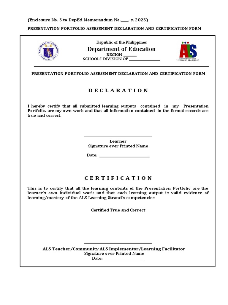 Enclosure No 03 PRESENTATION PORTFOLIO ASSESSMENT DECLARATION AND ...