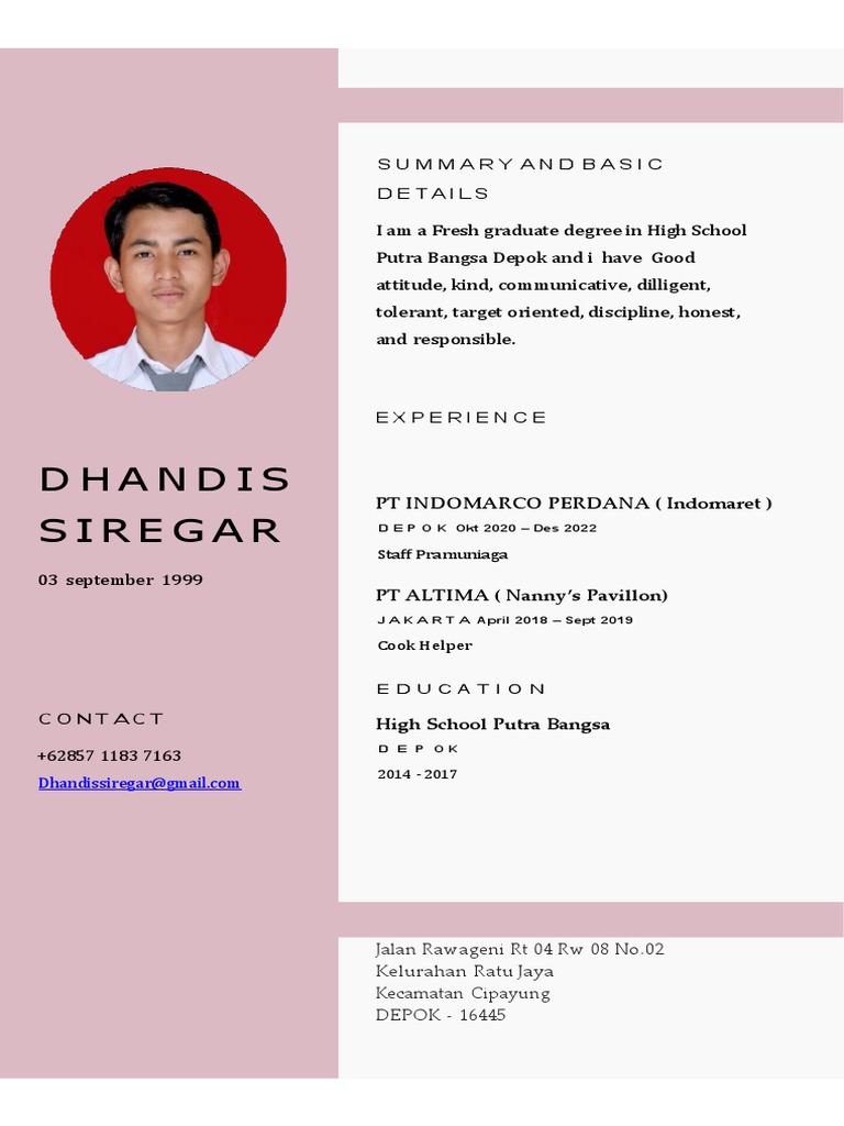 Fresh Graduate CV: Dhandis Siregar | PDF