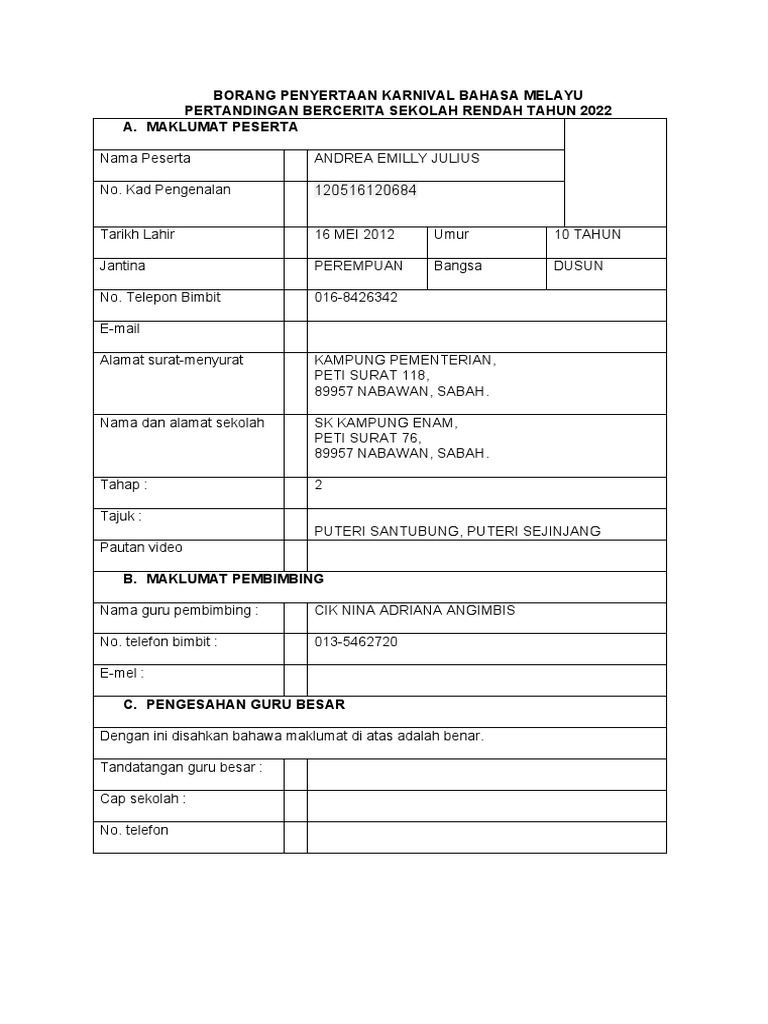 Borang Penyertaan Karnival Bahasa Melayu | PDF