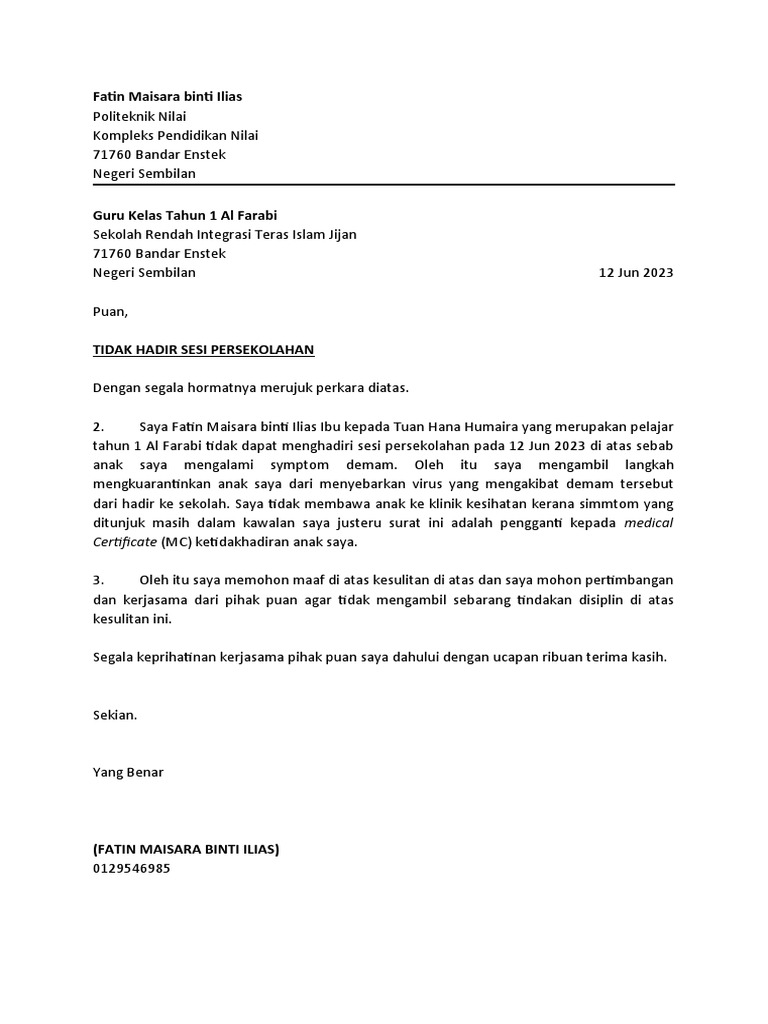 Surat Rasmi Anak Tidak Hadir Ke Sekolah | PDF