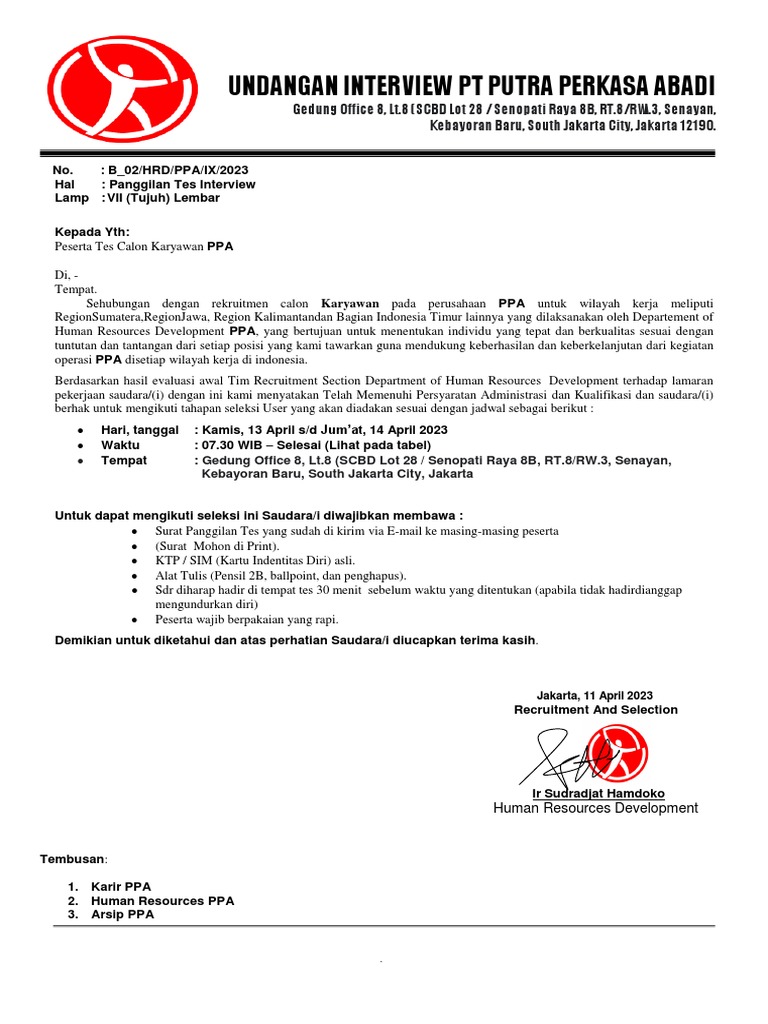 Lampiran Undangan Interview Putra Perkasa Abadi (PPA) | PDF