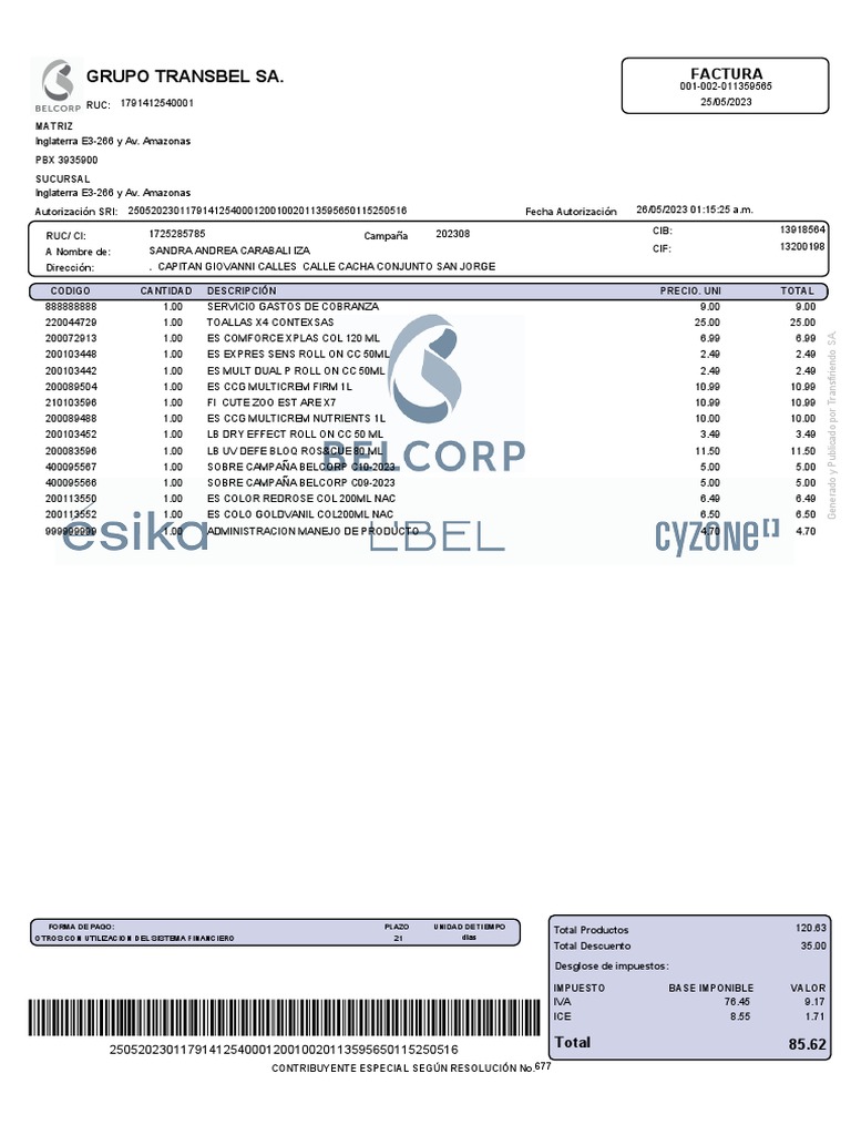 Factura Detallada Transbel SA. | PDF | Impuestos | Finanzas del gobierno