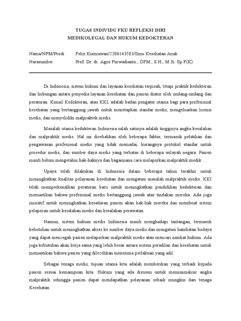 Tugas Individu FKU Refleksi Diri Medikolegal Dan Hukum Kedokteran Prof. Dr. Dr. Agus P., DFM., S ...