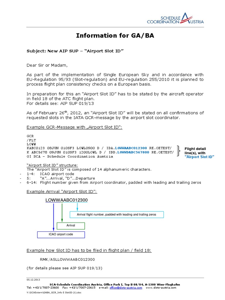 Information For GA/BA: Subject: New AIP SUP - "Airport Slot ID" | PDF