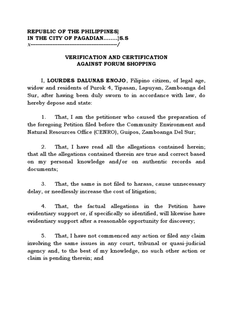 VERIFICATION and Non Forum Shopping ENOJO | PDF | Affidavit | Judiciaries