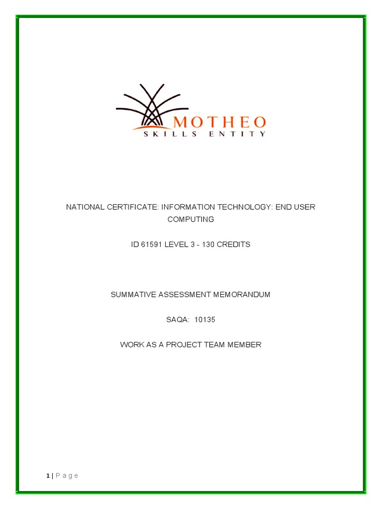 SAQA - 10135 - Summative Assesment Memorandum | PDF