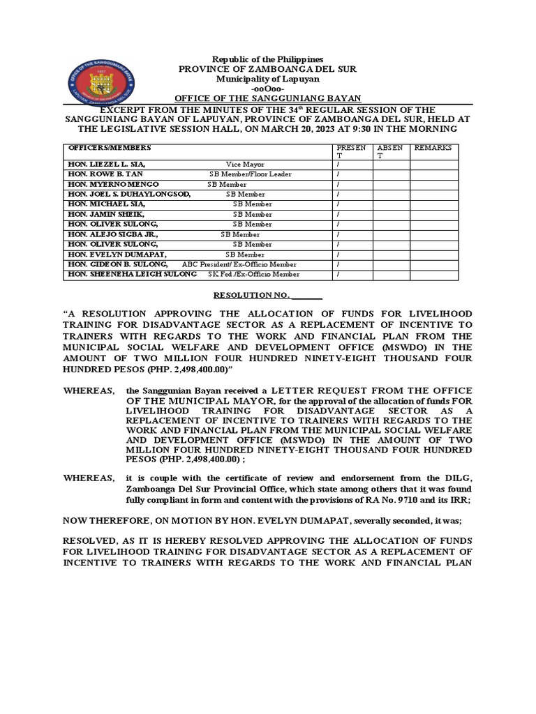 SB Resolution DSWD Allocation of Funds 412023 | PDF | Philippines ...