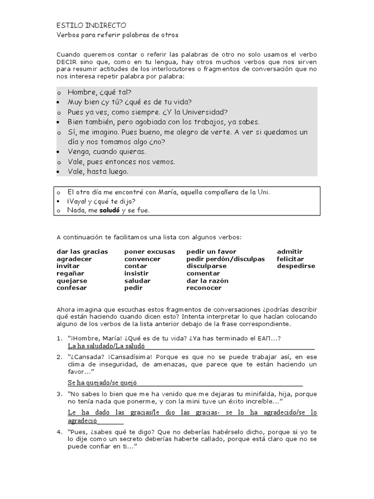 Estilo Indirecto-Verbos Introductorios Respuestas | PDF | Estudios de ...