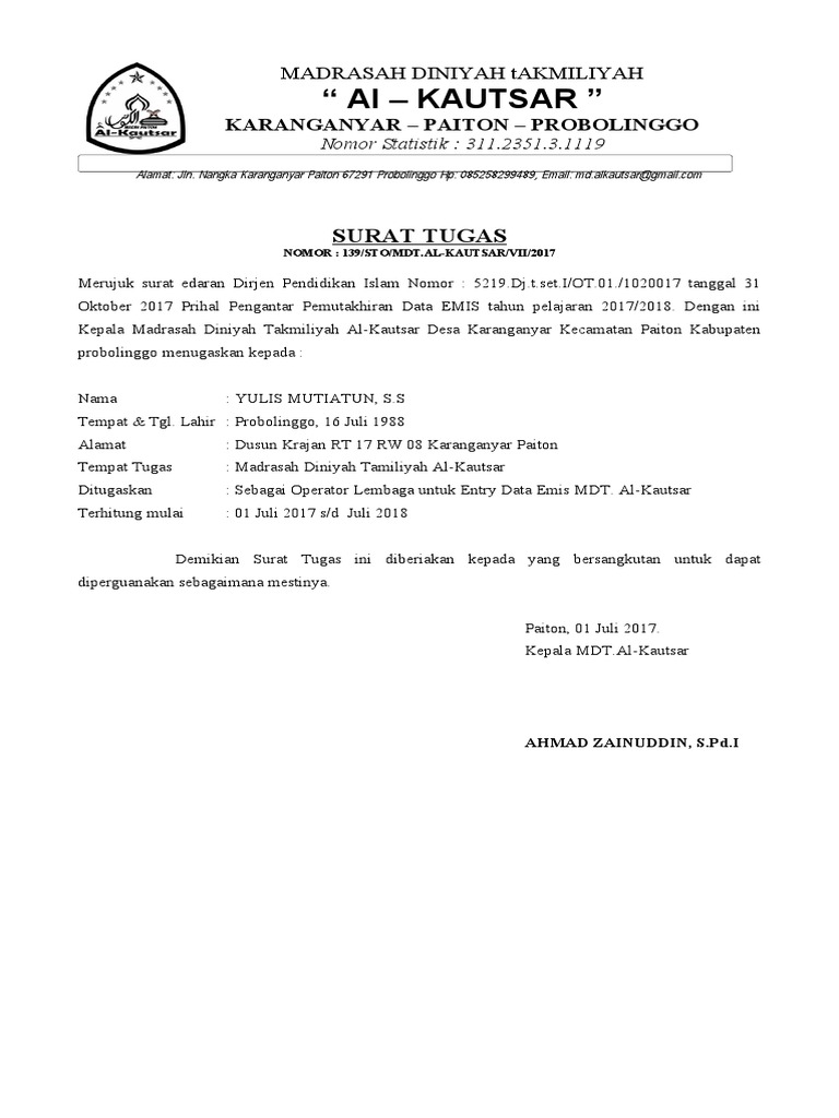 Surat Tugas Operator MDT | PDF