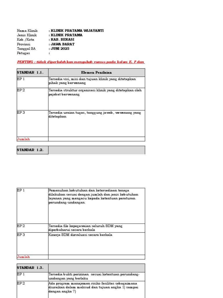 Form Selft Assessment Akreditasi Klinik GCH | PDF
