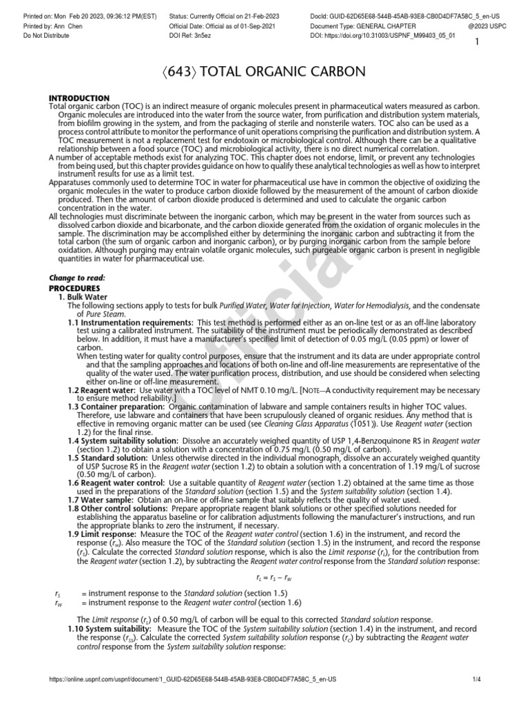 Usp 643 | PDF | Total Organic Carbon | Chemistry