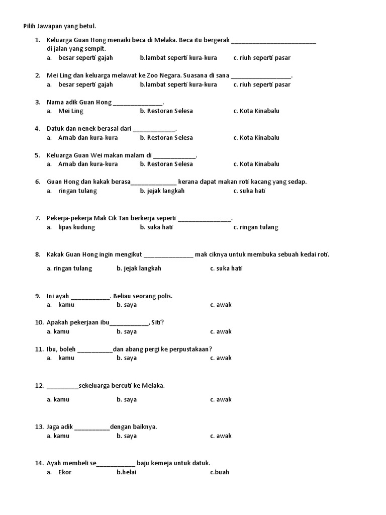 SJKC Yr 2 - Tatabahasa Pilih Jawapan Yang Betul | PDF