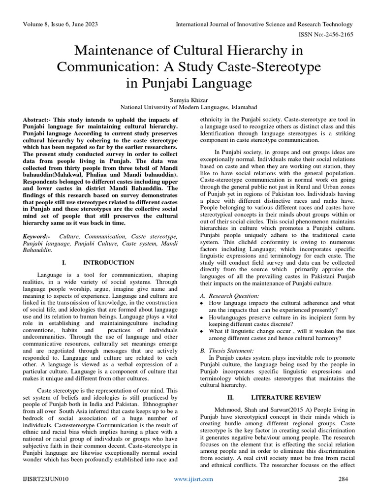 Maintenance of Cultural Hierarchy in Communication: A Study Caste ...