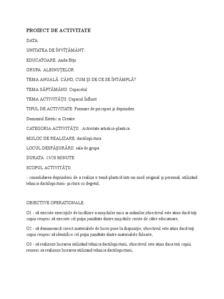 PROIECT DE ACTIVITATE DEC1 Copacul Inflorit | PDF