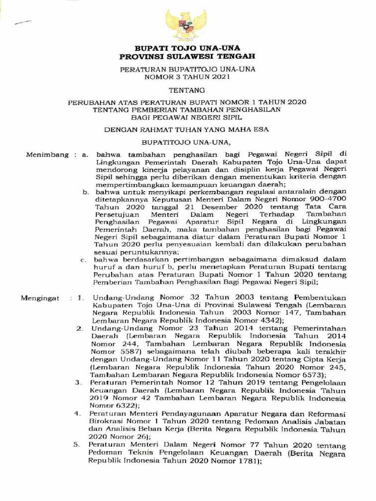 PERBUP NOMOR 3 TAHUN 2021 TENTANG PERUBAHAN PERBUB 1 TAHUN 2020 | PDF