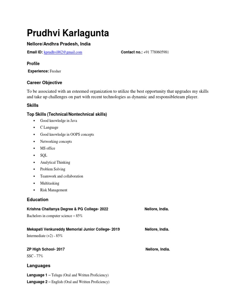 Prudhvi Karlagunta: Fresher CV & Skills | PDF