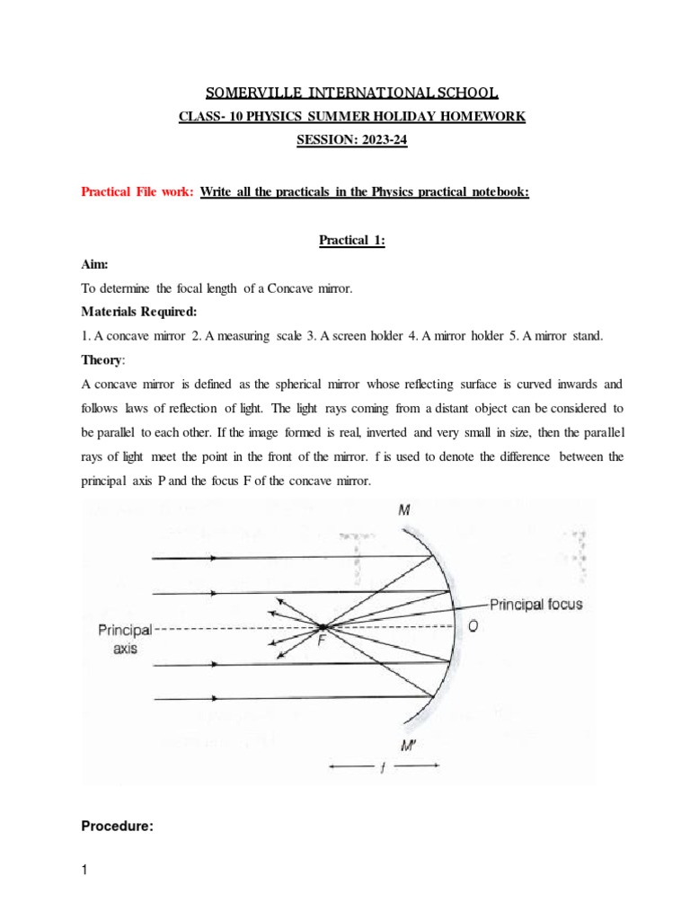 Class - 10 Physics Summer Holiday Homework 2023-24 | PDF | Mirror | Natural Philosophy