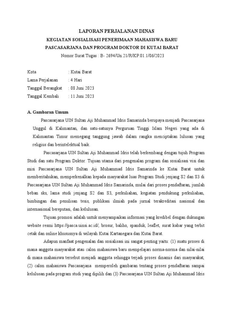 Laporan Perjalanan Dinas Kubar Pak Agus Setiawan | PDF