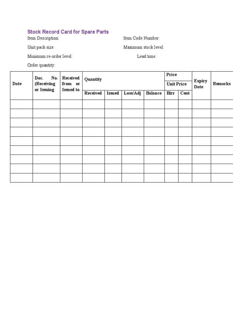 Stock Record Card For Spare Parts | PDF