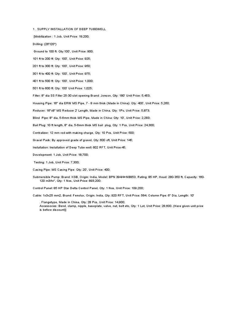 Deep Tube Well Installation Pricing Guide | PDF