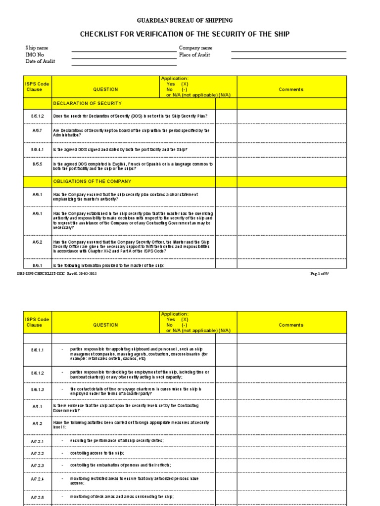 ISPS Ship Security Verification Checklist | PDF