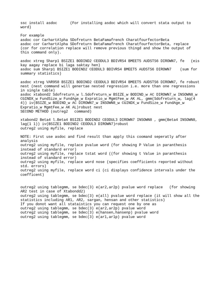 Stata Commands For Transfering Stata Output To MS Word | PDF
