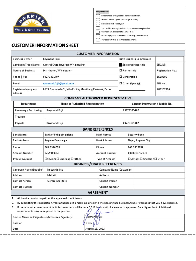 PWSI Customer Info Sheet - Updated | PDF | Value Added Tax | Business