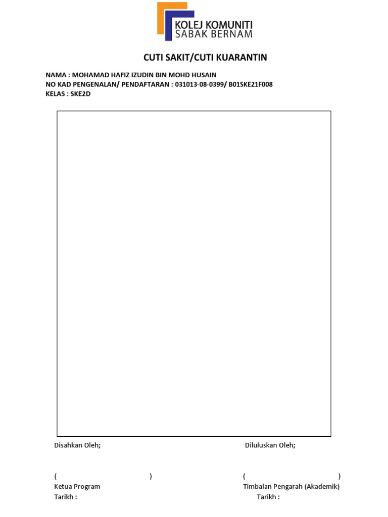 Format Borang Sijil Cuti Sakit Kuarantin Pelajar | PDF