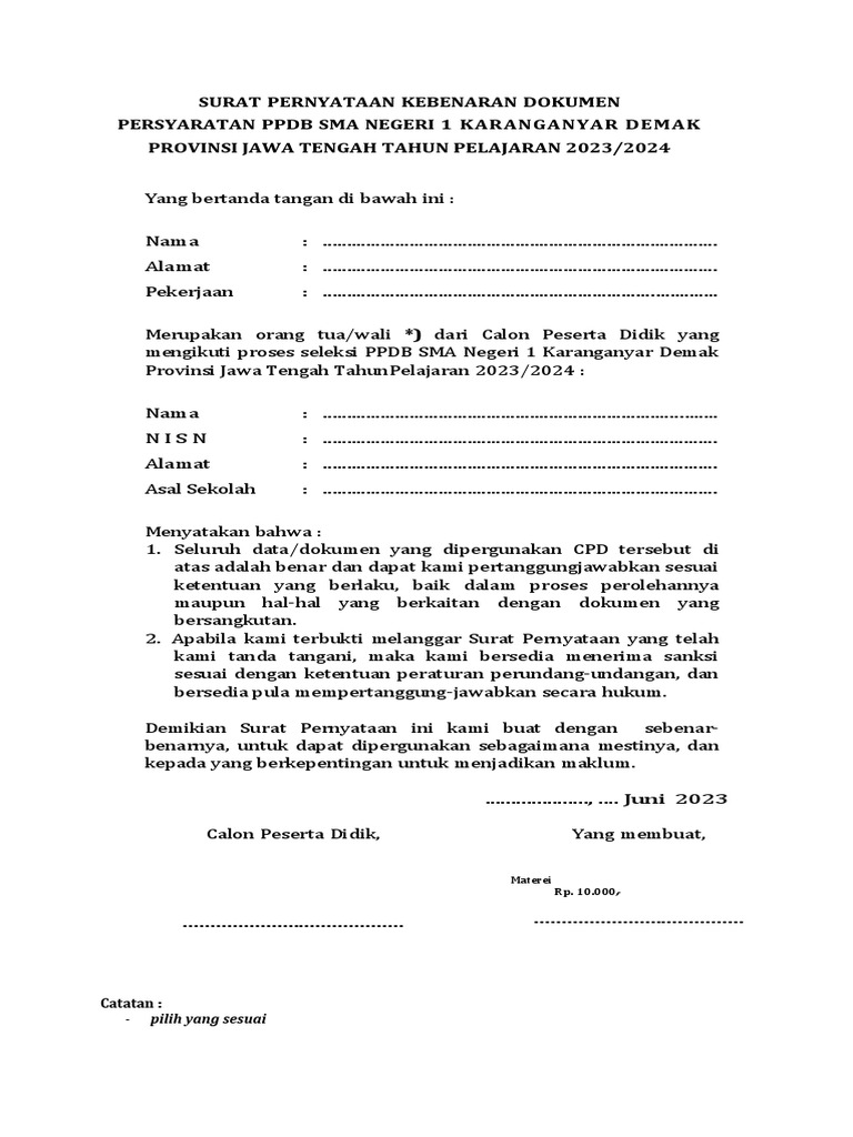 Surat Pernyataan Kebenaran Dokumen - PPDB 2023 | PDF
