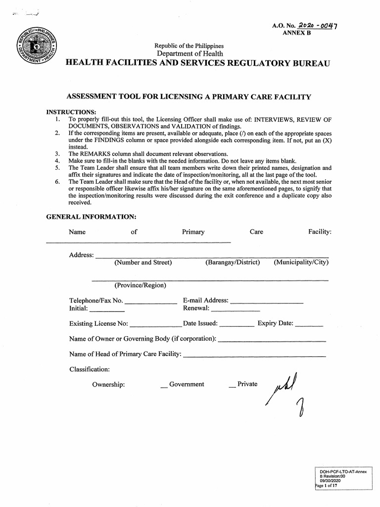 Annex B - Assessment Tool For Licensing A Primary Care Facility | PDF ...
