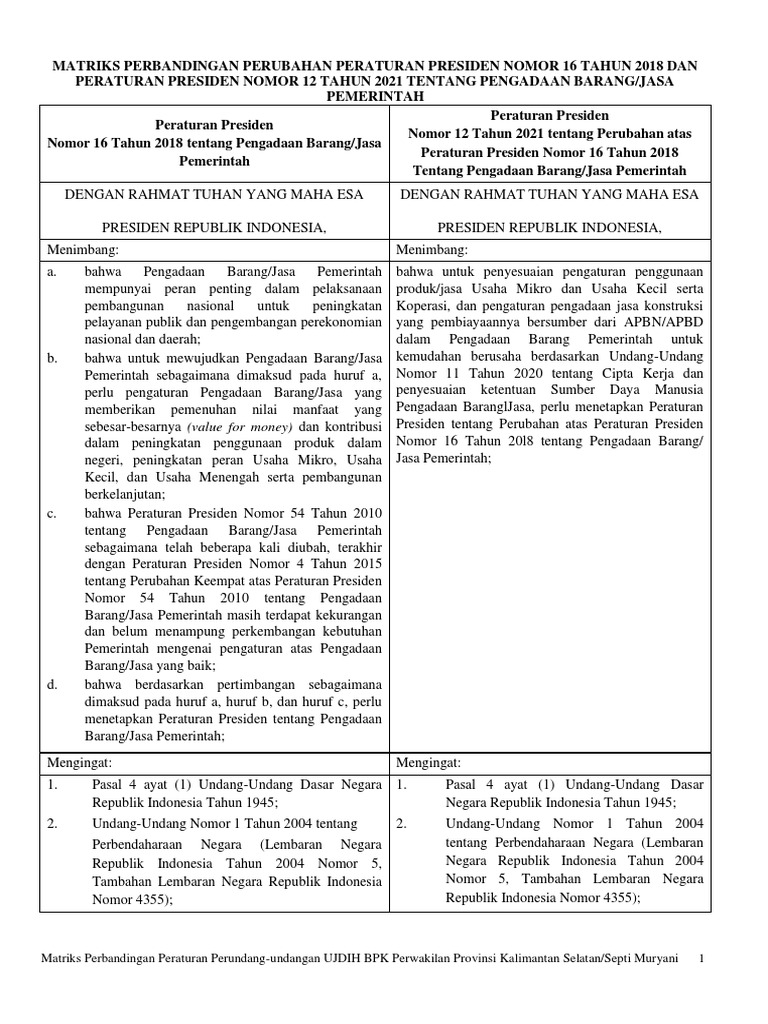 6. Matriks Perbandingan Peraturan Pengadaan Barang Jasa | PDF