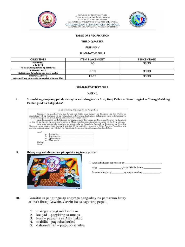 Filipino 5 3rd and 4th Summative Test | PDF