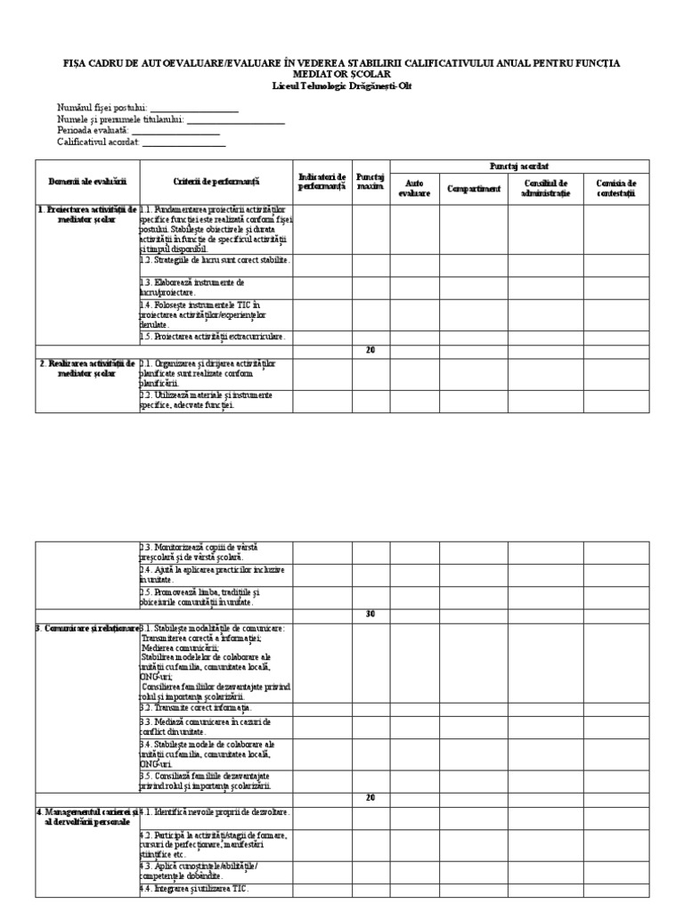 Fisa Cadru de Autoevaluare Personal Auxiliar Mediator Scolar | PDF