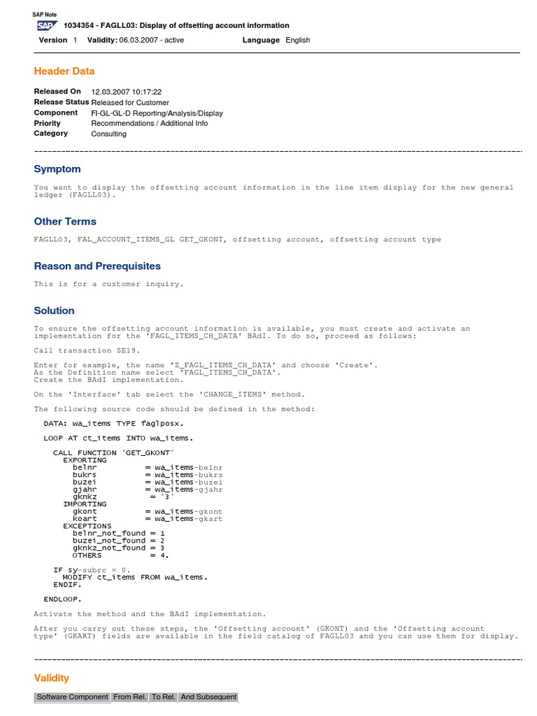 SAP Note 1034354 - FAGLL03 Display of Offsetting Account Information ...