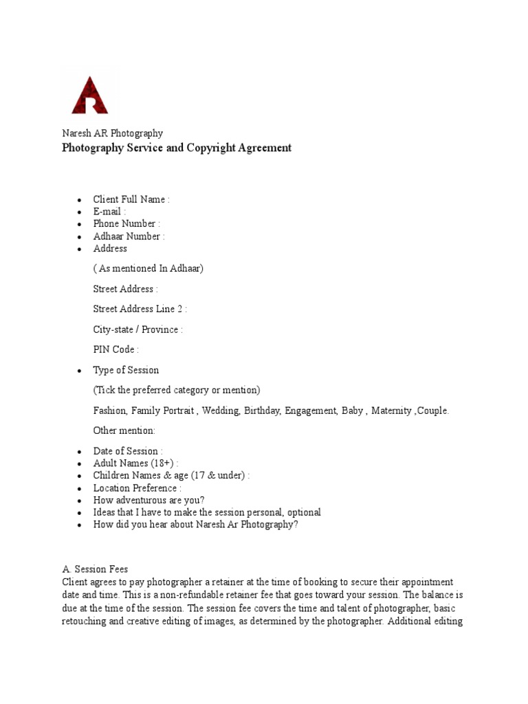 Photography Agreement | PDF | Photographer | Fee