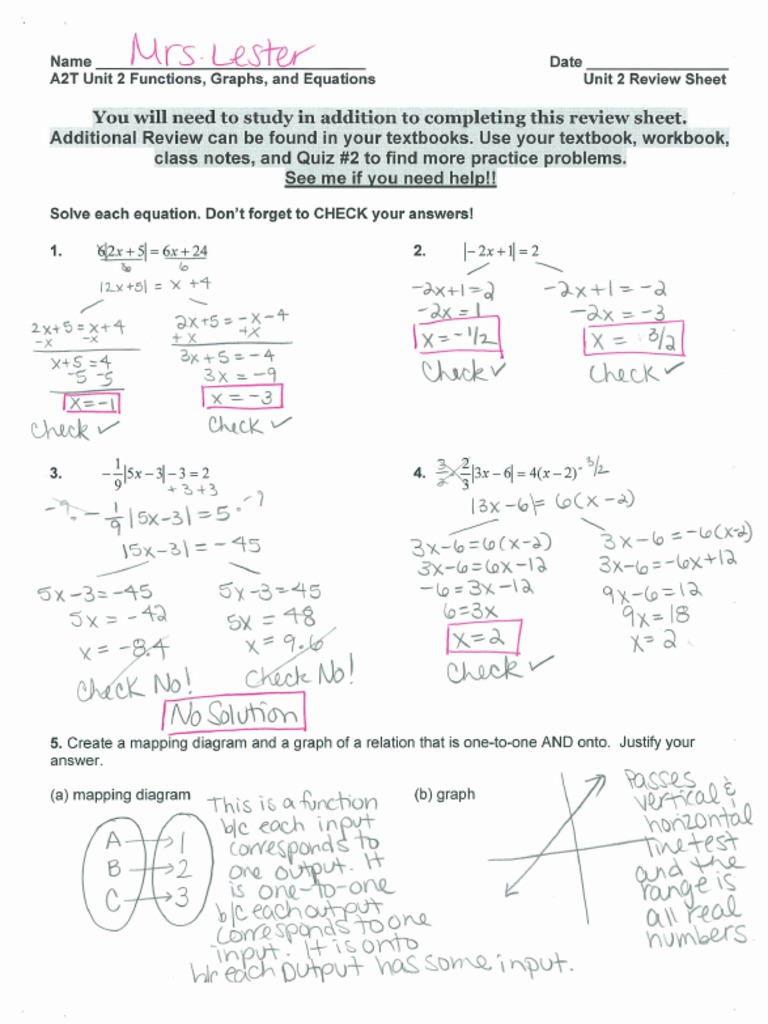 Unit 2 Review Sheet Answer Key (Functions, Equations, and Graphs) 1 | PDF