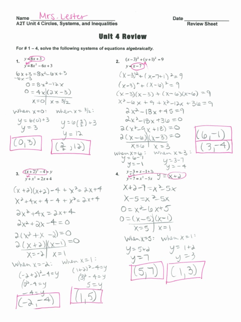 unit 4 review sheet answer key (circles, systems, inequalities) | PDF